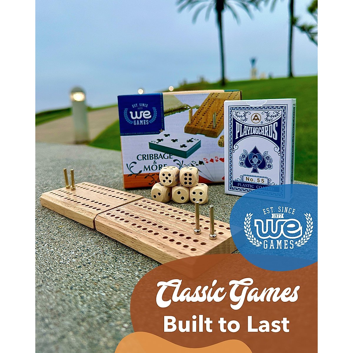 WE Games Cribbage Board Game Set, Travel Crib Board with Storage Slot and Drawstring Bag for Card Storage, Foldable 2 Track Cribbage Board with Cards, Metal Pegs and Dice, Mini Board Games