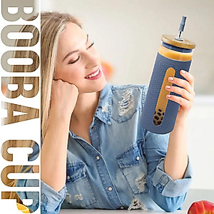 ZKA Global 24 Oz Reusable Boba Cup with Bamboo Lid | 2 Straw With Silicon Tip and Cleaning Brush | Smoothie cup glass tumbler with straw and lid bamboo | Glass Boba Cup with Sleeve