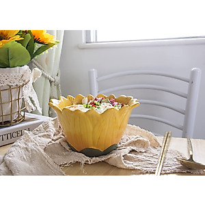 AwakingWaves Kawaii Ceramic Cereal Bowl with Designs, Suitable for Noodles,Desserts, Salad and Soup, Sunflower-Shaped Candy Snack Bowl for Kitchen, Microwave and Dishwasher Safe, Yellow Party Decor