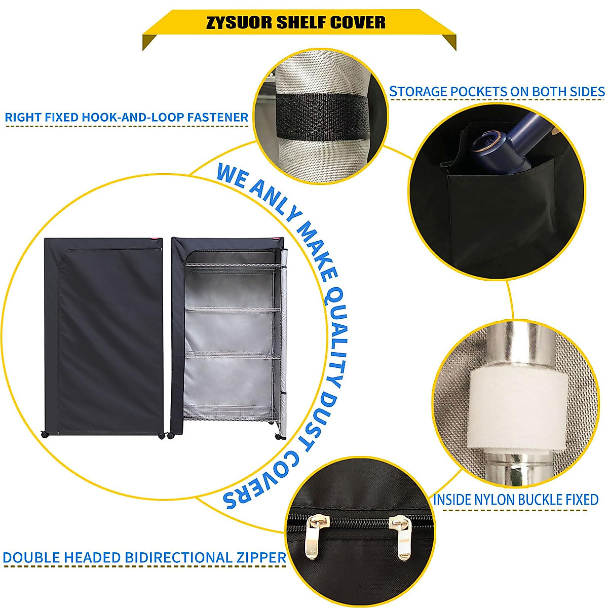 ZYSUOR Shelf Cover Wire Shelving Cover Rack Dust Cover 48X18X72,The Two-Way Zipper Design can be Opened up, Down, or All for Easy Access (No Shelves,Black Cover only)