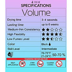 Volume Eyelash Extension Glue Stacy Lash 0.17fl.oz/5ml/3-4 Sec Drying Time/Retention 6 Weeks/Black Adhesive/Professional Supplies/Pegamento de Pestañas