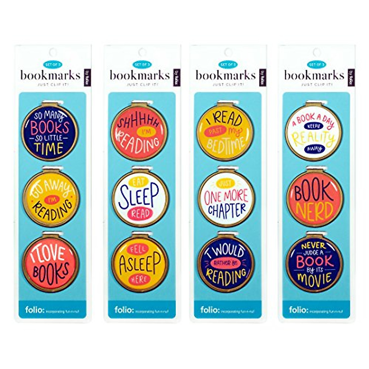Just Clip it! Quote Bookmarks - (Set of 3 clip over the page markers) - BOOK NERD, MY WORKOUT is READING IN BED, Can't you see I"M READING.Funny Bookmark Set - Ideal for Bookworms of all ages.