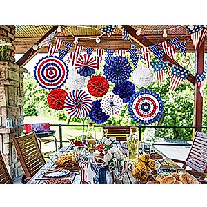 26PCS Patriotic Party Decorations, 4th/Fourth of July American Flag Party Supplies Red White Blue Hanging Paper Fans, Tissue Paper Pom Poms, Star Streamers for American Theme Party