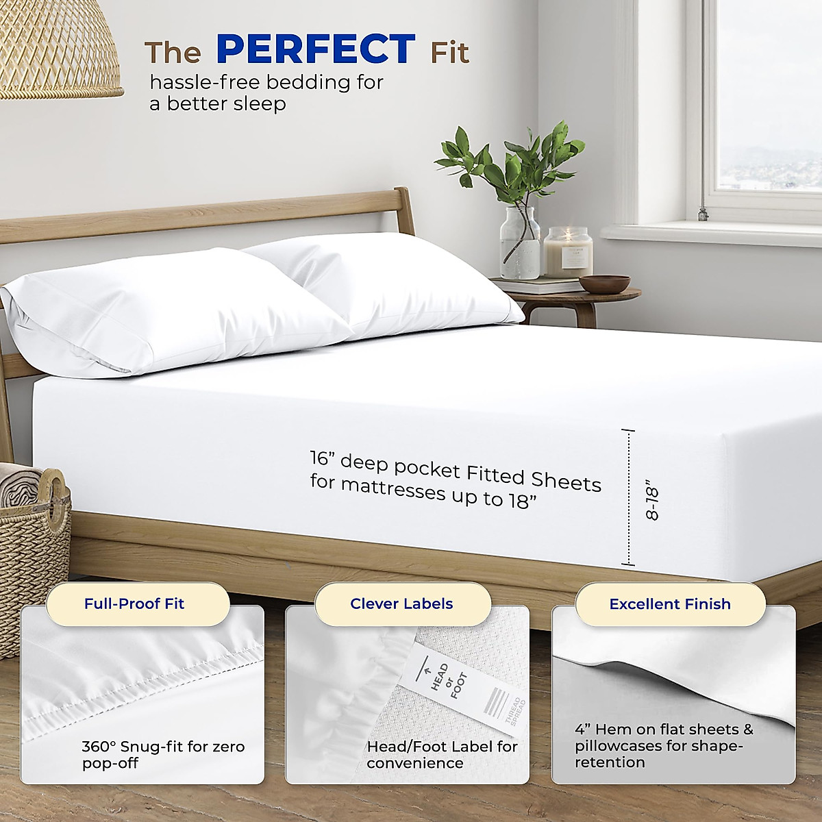 THREAD SPREAD 100% Egyptian Cotton Sheets Full Size - 600 Thread Count White Sheet, 4 PC 16" Deep Pocket Full Size Sheets Sets, High Thread Count Soft Cooling Sateen Weave Cotton Hotel Luxury Sheets