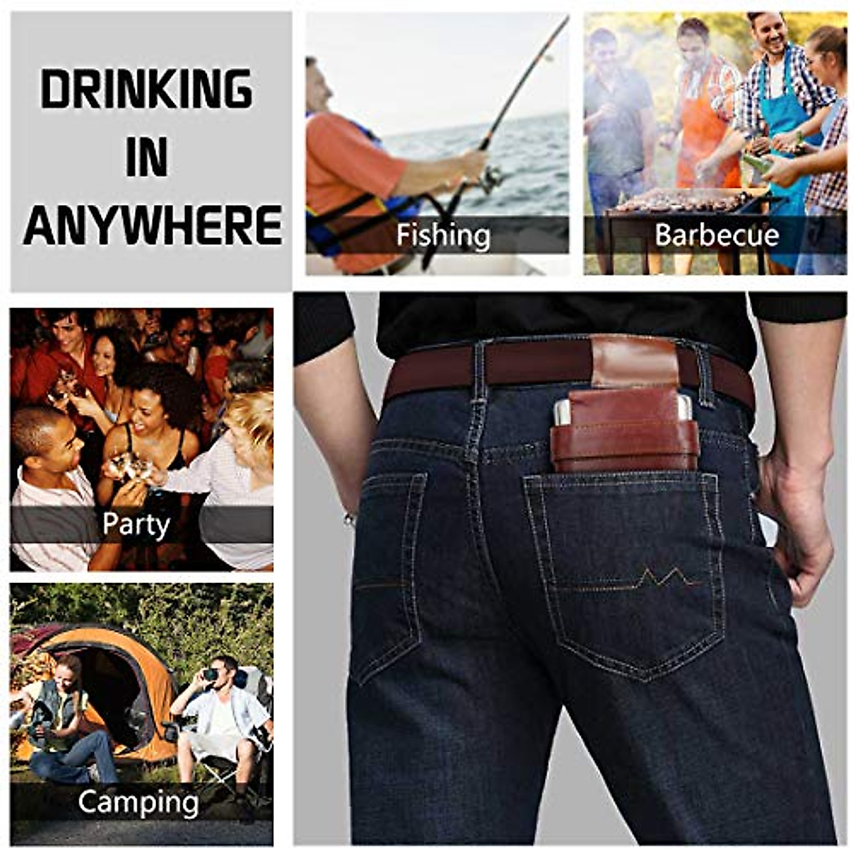 GENNISSY 304 18/8 Stainless Steel 8oz Flask - Brown Leather with 3 Cups and Funnel 100% Leak Proof