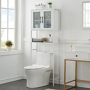 coucheta Over The Toilet Storage Cabinet with Glass Doors, Bathroom Above Toilet Storage Cabinet with Adjustable Shelves, Large Capacity Bathroom Organizer, White