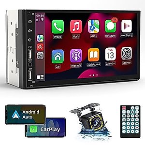 Double Din Car Stereo Compatible with Apple Carplay&Android Auto, 7inch Full HD Capacitive Touchscreen Car Stereo Double Din Radio with Bluetooth, Camera, Mirror Link, FM Radio, 2 USB/TF/AUX/Subwoofer