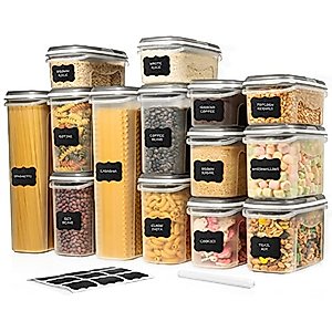 LARGE SET 28 pc Airtight Food Storage Containers with Lids (14 Container Set) Airtight Plastic Dry Food Space Saver Boxes, One Lid Fits All - Stackable Freezer Refrigerator kitchen Storage Containers