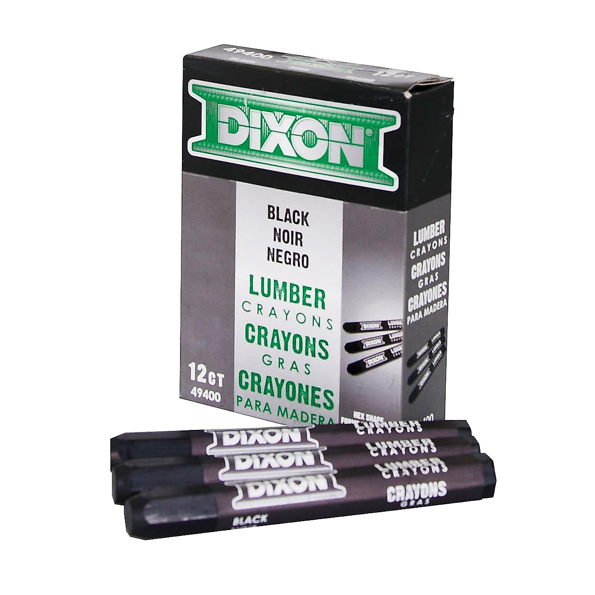DIXON Industrial Lumber Marking Crayons, 4.5" x 1/2" Hex, Black, 12-Pack (49400)