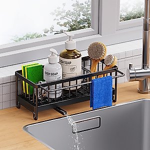 Mythco Kitchen Sink Caddy Organizer, Sponge Holder for Kitchen Sink with Auto Draining Tray, Dish Cloth Hanger, Rustproof 304 Stainless Steel Dish Organizer Divider, Soap Dispenser Storage (Black)