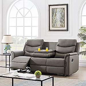 Verfur Double Recliner RV Sofa with Console |Faux Leather Motion 2 Cup Holders, 3-Seater Loveseat Couches with Flipped Middle Backrest, Home Theater Seating Living Room Furniture Sets, Grey 77.5"