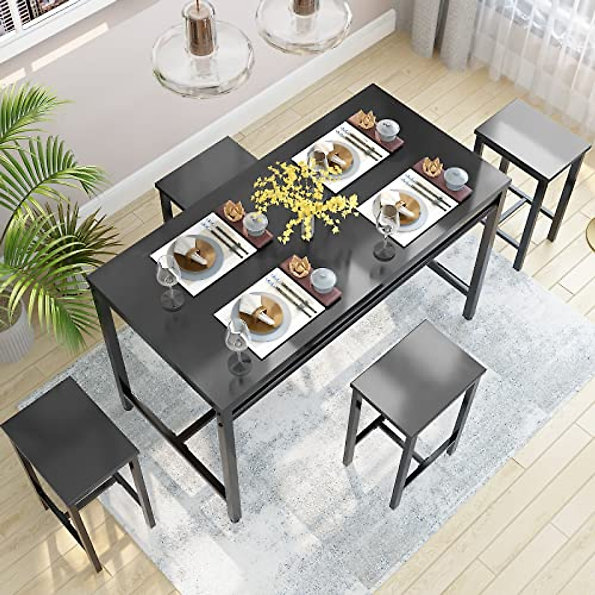 Lamerge Dining Bar Table Set for 4, Modern Counter Height Table and 4 Bar Stools, 5 Piece Bar Table and Chairs Set for Small Spaces, Apartment, Pub, Dining Room, Kitchen (Black)