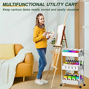 LEHOM 3 Tier Rolling Utility Cart, Metal Trolley Cart with Wheels, Hooks, Easy Assembly Organizer Storage Cart for Bathroom, Kitchen, Office, Bedroom(White)