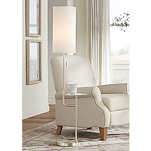 Possini Euro Design Piccolo Modern Floor Lamp with Tray End Table 60 1/2" Tall Brushed Nickel Silver Tempered Glass White Cylinder Shade Decor for Living Room Reading House Bedroom Office