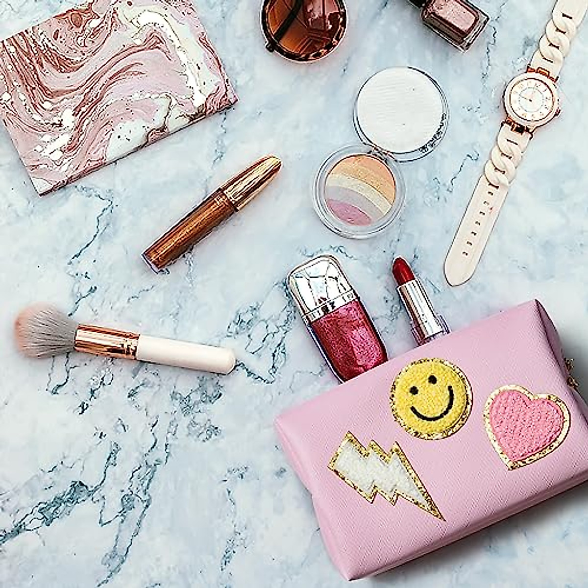 LieToi Preppy Patch Small Toiletry Bag Smile Lightning Heart PU Leather Portable Waterproof Makeup Cosmetic Bag Daily Use Storage Purse Travel Organizer Compliant Bag for Women Girls Gift (Pink)