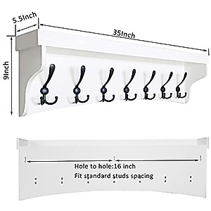 WEBI Coat Rack Wall Mount with Shelf,35’’ Long White Shelf with Hooks Underneath,Wall Mounted Coat Rack with Shelf,Key Rack for Wall,7 Triple Hooks for Hanging Coats,Bathroom,Entryway