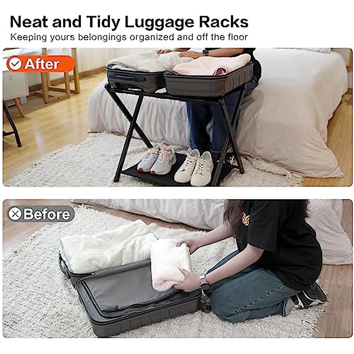 Yuihochic Luggage Rack, Suitcase Stand with Fabric Storage Shelf, for Guest Room,Bedroom,Hotel, Foldable Painted Steel Frame (Brown+Package Quantity 1)