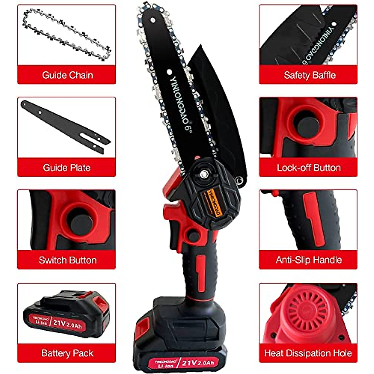Mini Chainsaw Cordless 6-Inch with 2 Battery, YINLONGDAO Electric Compact Chain Saw with Brushless motor, Handheld Chain Saw Pruning Shears Chainsaw for Courtyard, Tree Branches, Household and Garden