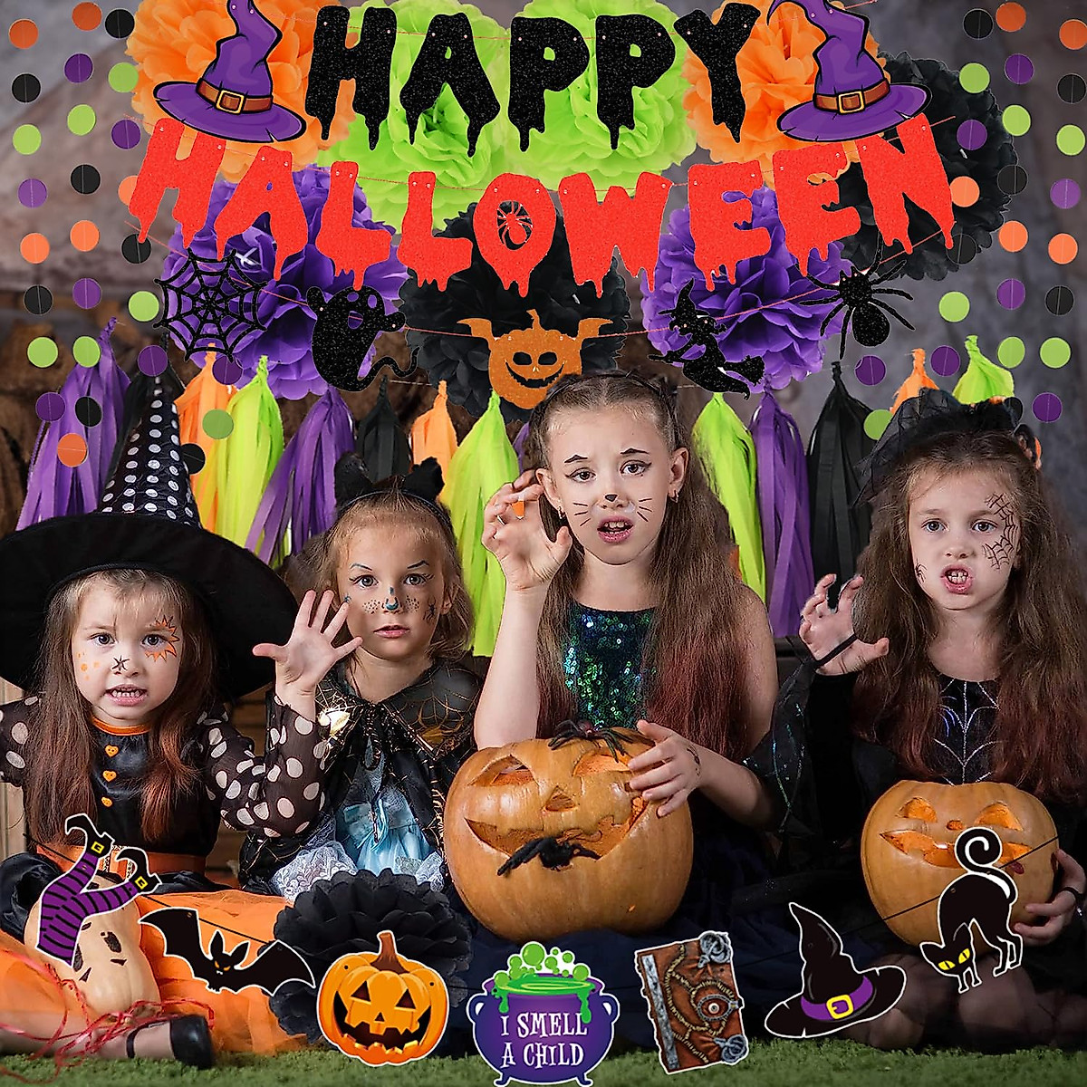 Halloween Party Decorations - Trunk Or Treat Car Decorations Kit for SUV Happy Halooween Banner Orange Black Purple Green Tissue Paper Pom Pom for Hocus Pocus Party Supplies