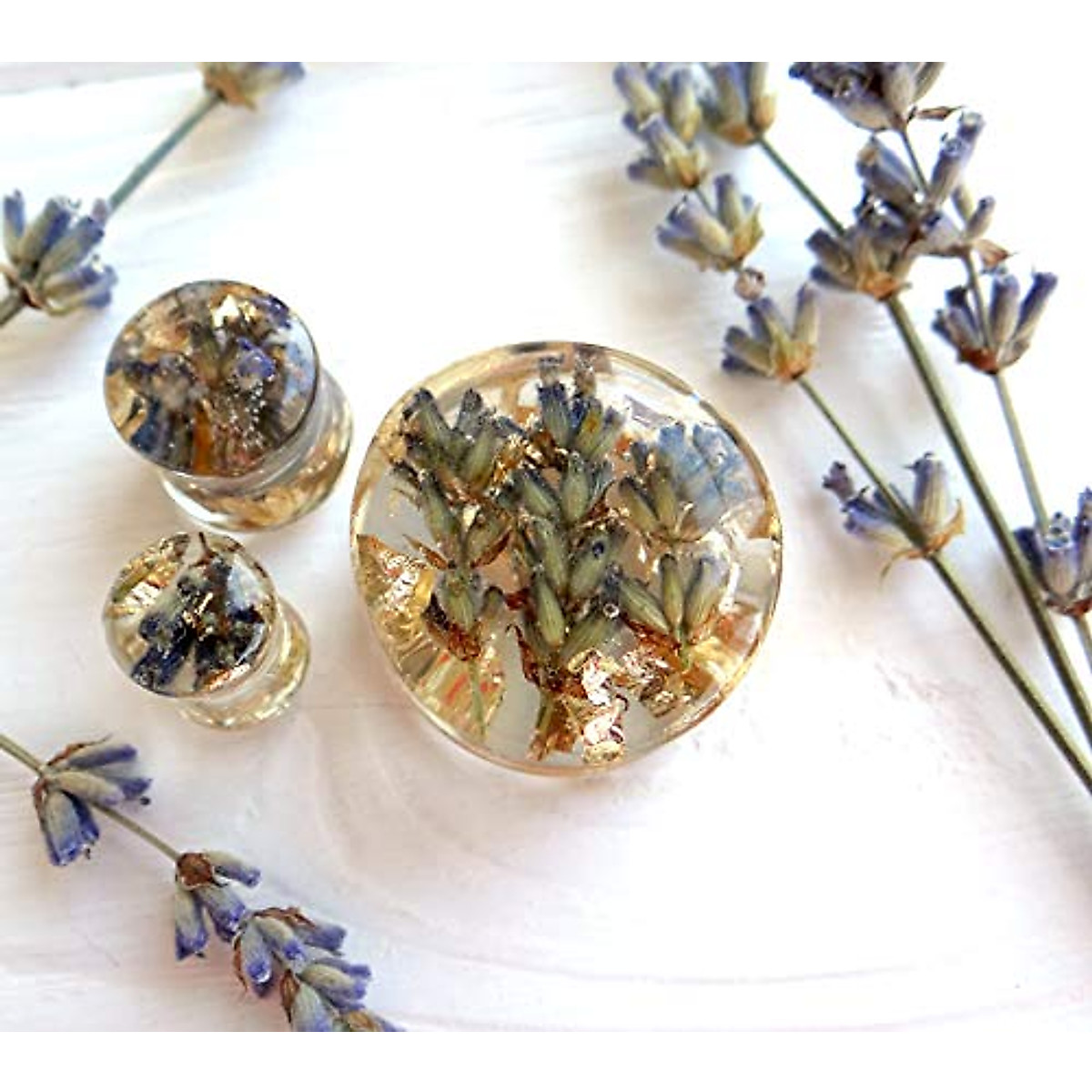 Eternity31 Lavender bridal plugs jewelry gold wedding gauges real flower plugs ear tunnels floral plugs (40mm / 1 9/16" / Pair)