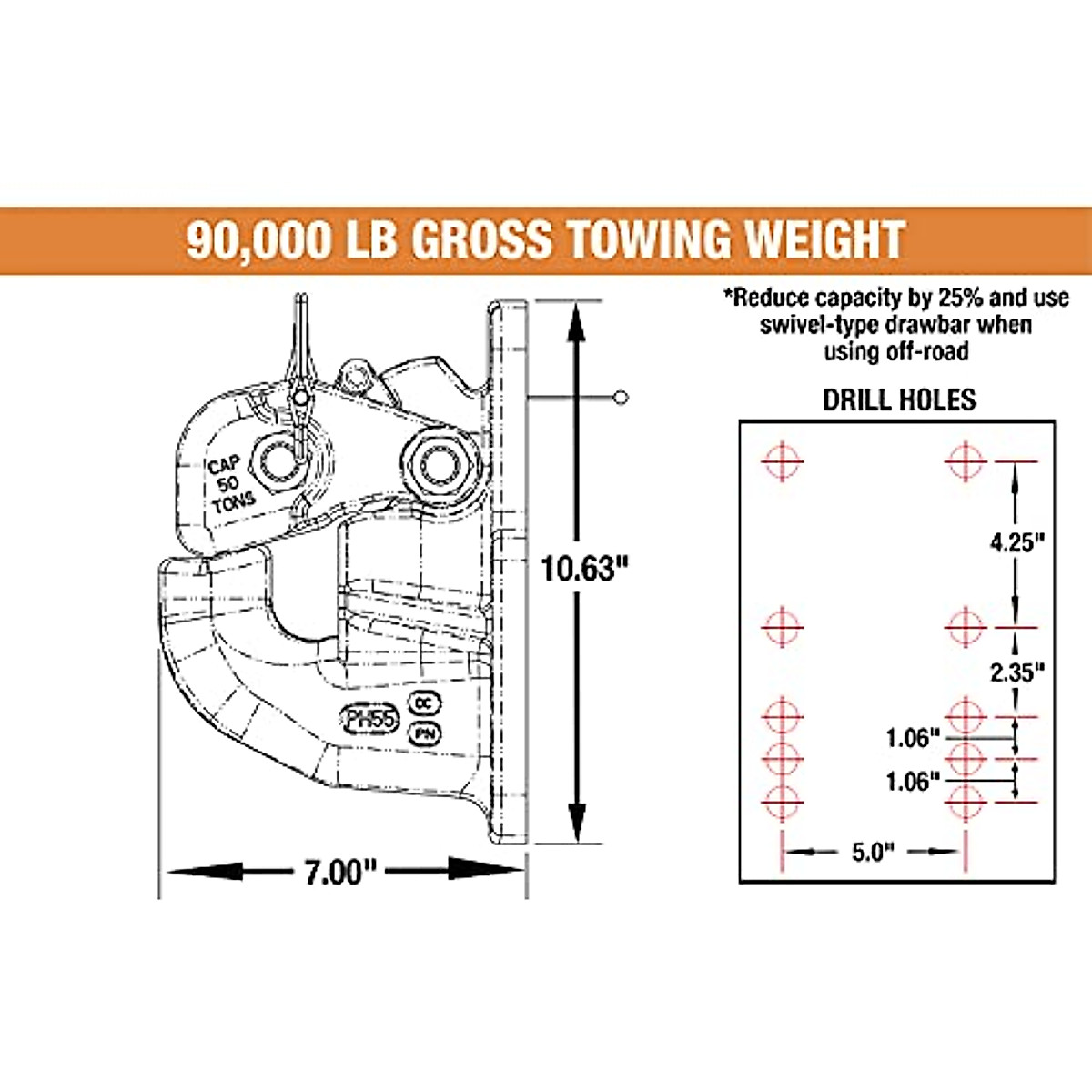 Buyers Products PH55 50 Ton Air Compensated Pintle Hook, 10-Hole Mount