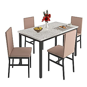 UFINEGO 5-Piece Kitchen Table Set with Imitation Faux Marble Top and Faux Leather Upholstery Chairs Elegant and Versatile 5-Piece Dining Set for Kitchen