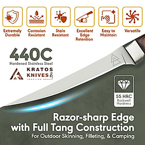 Bushcraft Fillet Knife, 12 Inch Fillet Knife for Fish, Fixed Blade Fish Fillet Knife, 440C Hardened Stainless Steel Boning Knife by Kratos - ZF3F