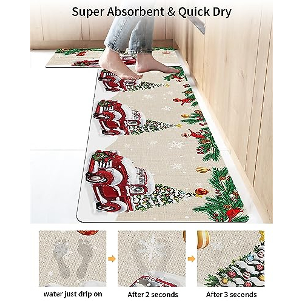 Christmas Red Truck Bath Mat for Tub,Non Slip Bathroom Floor Runner Rug Quick Dry & Absorbent Diatomaceous Earth Shower Sink Kitchen Washable Doormat,Farmhouse Pine Tree Berry Snowflake 16x24+16x47