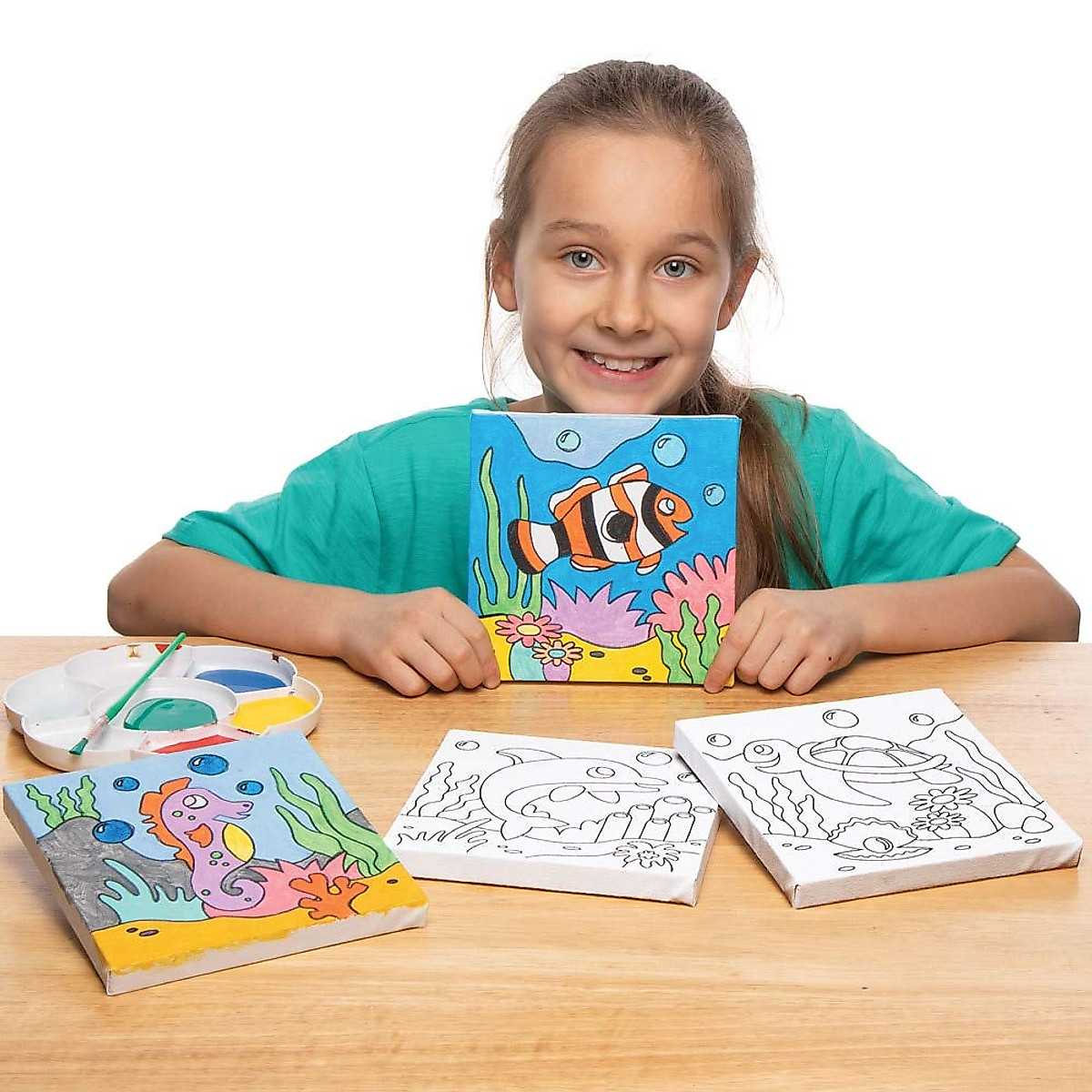 Baker Ross AT940 Sealife Color in Pictures for Kids - Pack of 4, Kids Canvases for Painting, Coloring and Craft Project Displays