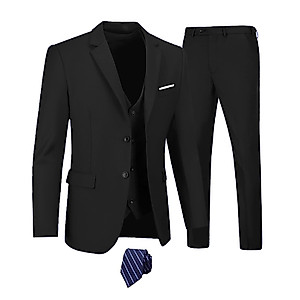 Men's 3 Piece Slim Fit Suit Set, Black Suits for Men,Two Button Prom Tuxedo Blazer Solid Jacket Vest Pants Wedding Business Suit with Tie-S