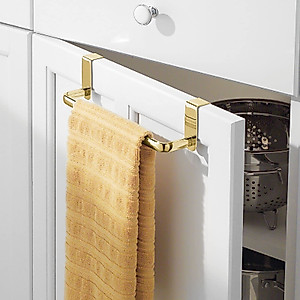 mDesign Steel Metal Wire Over Cabinet Towel Rack Storage Organizer - Hang on Cabinet or Door - Towel Bar Holder for Kitchen - Holds Hand Towels, Washcloths - Spira Collection - Soft Brass