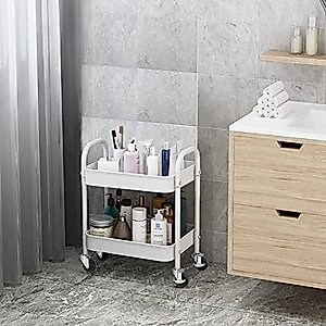 2 Tier All-Metal Rolling Cart,Rolling Storage Cart with Handle and Locking Wheels Kitchen Cart,Laundry Office Bathroom Storage Organizer Cart with Wheels, White