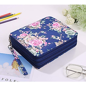 Shulaner 120 Slots Colored Pencil Case with Zipper Closure Large Capacity Blue Rose Oxford Pen Organizer Flower Pencil Holder