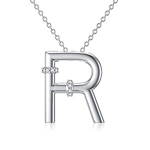 Natural Diamond Initial Necklace 14K White Gold Plated A-Z Letter R Alphabet Pendant 925 Sterling Silver Jewelry Gift for Women Wife Mom Girl (R)