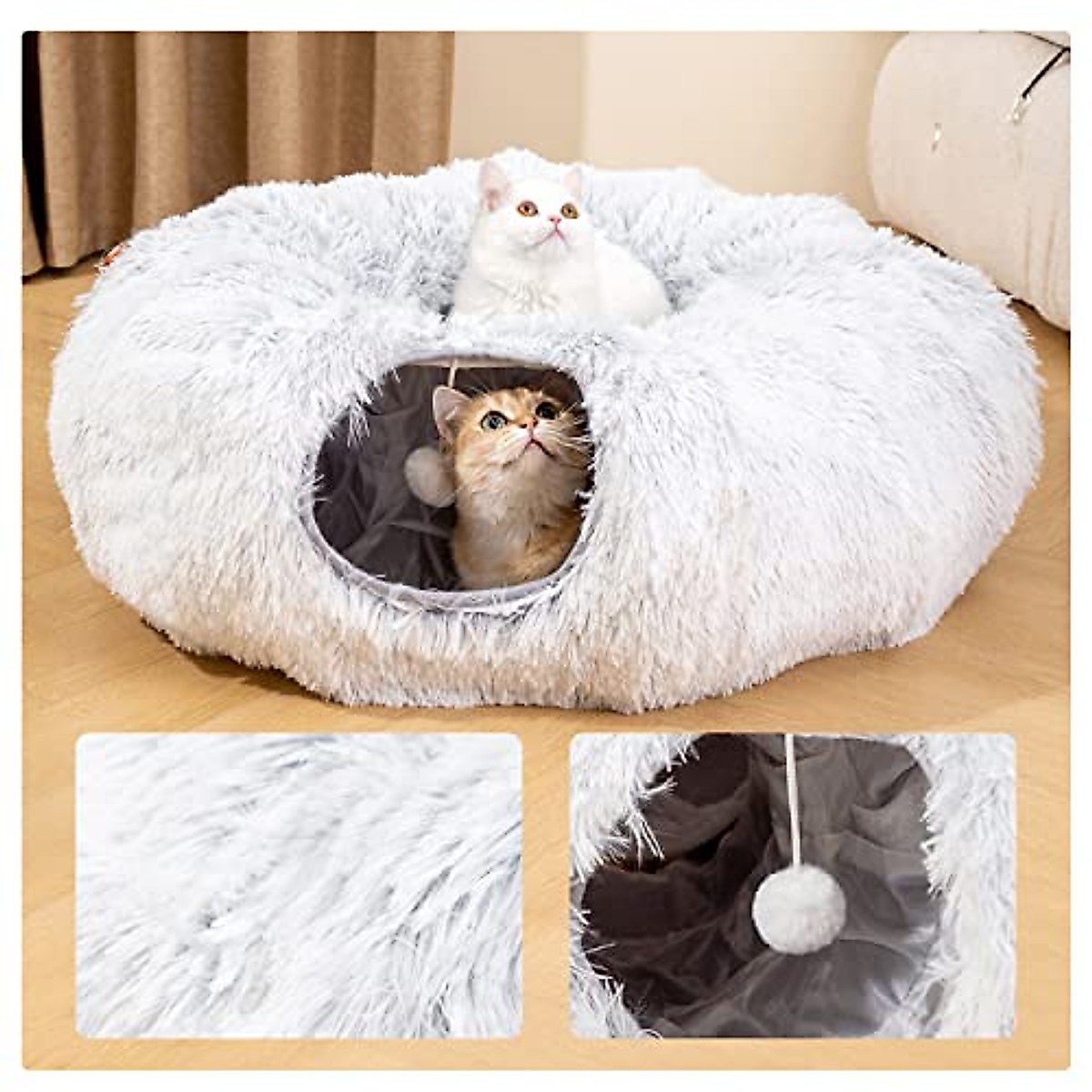 HIPIPET Winter Plush Cat Tunnel with Cat Bed for Indoor Cats,Multifunctional Cat Toys for Small Medium Large Cat.