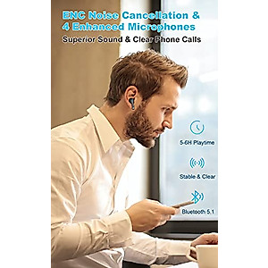 Wireless Earphones, Eranova Bluetooth Earbuds 4 Mics ENC Noise Canceling 30H Playtime IPX6 Waterproof Deep Bass Touch Control USB-C Fast Charge in-Ear Headphones for iPhone Android Sports Black