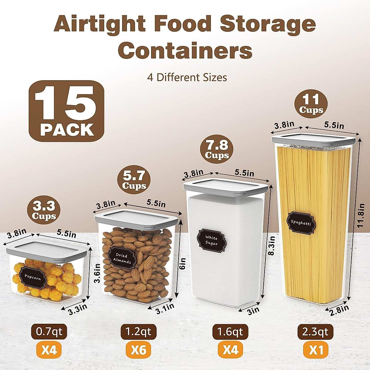 Homhut Airtight Food Storage Containers With Lids 15pcs Organization Canisters Kitchen Bpa Free Plastic Pantry Containers Storage Set for Pasta, Cereal, Dry Food, Flour and Sugar-60 Labels