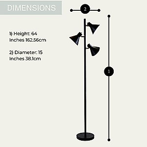 LIGHTACCENTS Black Floor Lamp 3 Light Standing Lamp Tree Lamp - Adjustable Head Lamp for Focused Illumination - Ideal Floor Lamps for Living Room, Offices, Reading Areas - Modern Black Pole Light