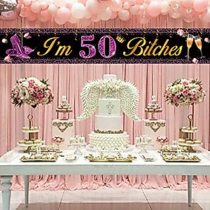 MEFENG Large I’m 50 Bitches Purple Gold Birthday Banner, Purple Gold Banner,50 Years Old Birthday Photo Booth Backdrop Supplies Happy Fifty Yard Sign Party Supplies