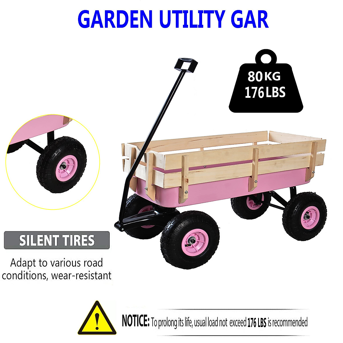 ZeHuoGe Outdoor Sport Pink Wagon All Terrain Pulling w/Removable Wooden Side Panels Air Tires Big Foot Panel Wagon, Pull-Along Wagons (Pink)