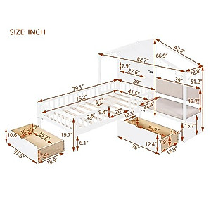 Harper & Bright Designs Kids Twin Playhouse Bed Frame with Upholstered Sofa, 2 Storage Drawers and Charging Station, Wood Twin Montessori Bed with LED Light and Shelves, L Shaped Bed for Kids, Boys, Girls (White)