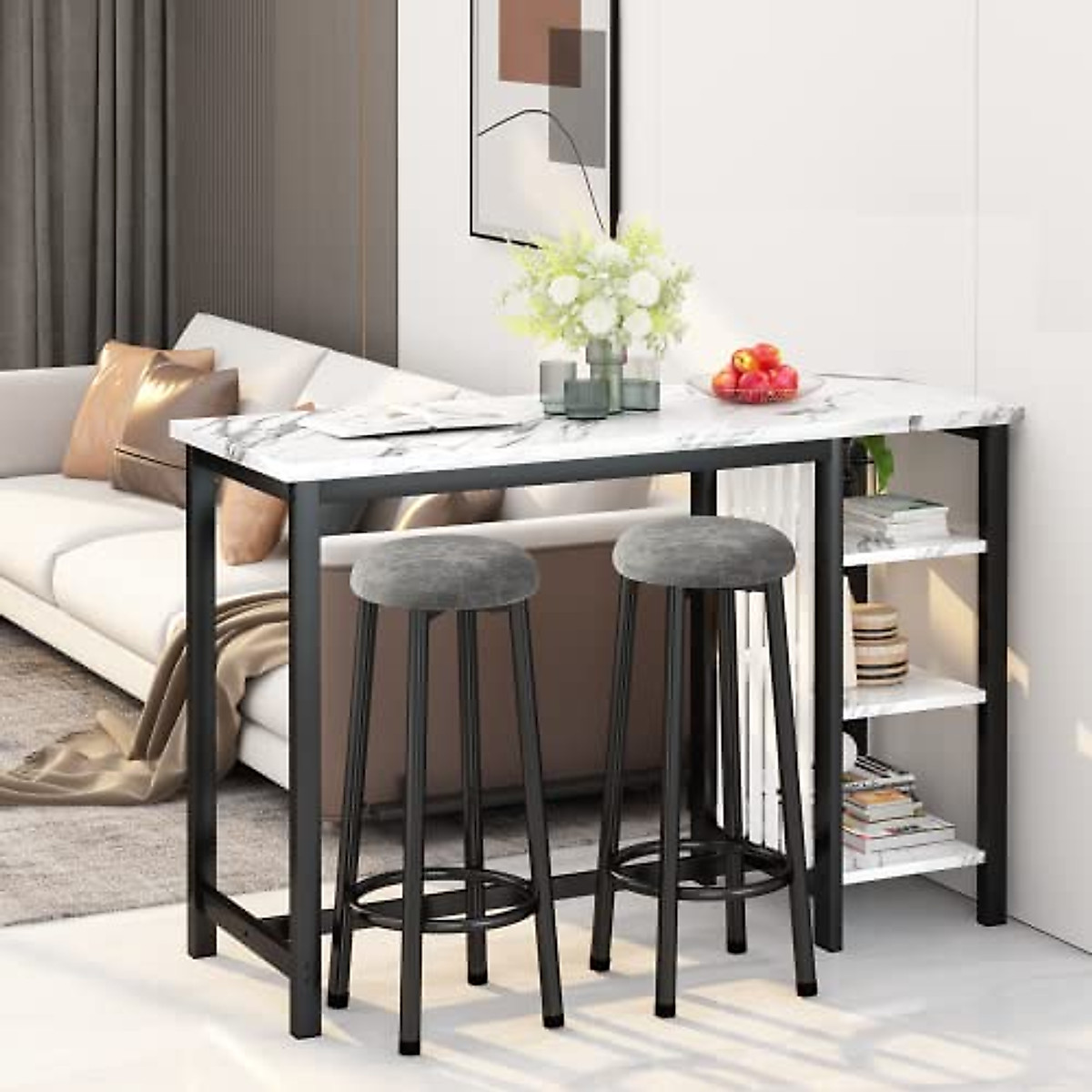 AWQM Bar Table Set with Storage Shelves, 47" Modern White Faux Marble Breakfast Table with 2 Velvet Stools, 3-Piece Dining Set for 2, Space Saving Table for Kitchen/Dinning Room/Living Room/Studio