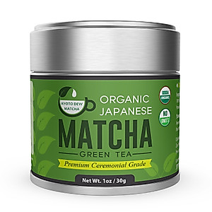 Kyoto Dew Matcha – Organic Premium Ceremonial Grade from Japan Matcha Green Tea Powder – Radiation Free, Non Fillers, Zero Sugar – USDA & JAS Certified Organic 30g (1oz) Tin