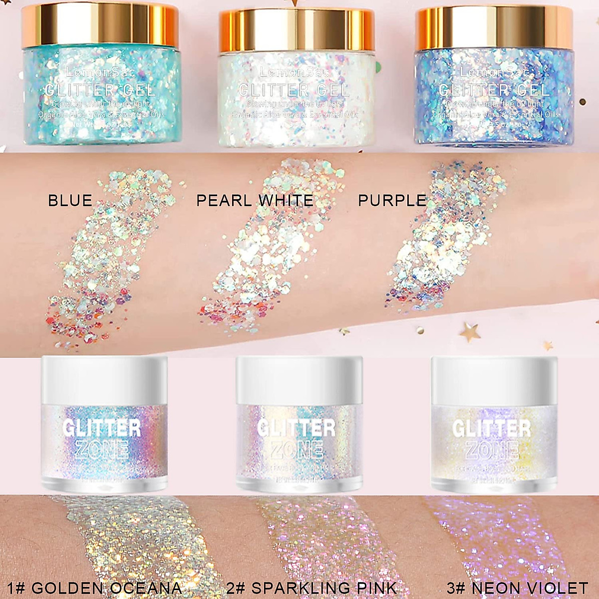 LemonSac Holographic Body Glitter Gel for Body, Face, Hair and Lip Glitter Makeup. Color Changing Glitter Gel Under Light with a Non Color Changing Glitter Gel (2# Sparkling Pink+Pearl White)