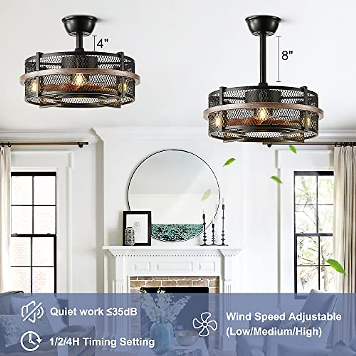 cifyses Ceiling Fan with Lights,19'' Farmhouse Ceiling Fans with Lights and Remote, Reversible Indoor Outdoor Ceiling Fan with Light Flush Mount Ceiling Fan with Lights Caged (No Bulbs