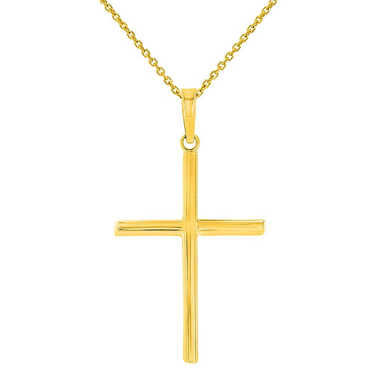 Jewelry America High Polished 14K Yellow Gold Plain Slender Cross Pendant with Chain Necklace, 16"