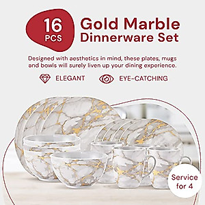 Safdie & Co. - Gold Marble Plates and Bowls Sets, Modern Dinnerware Set, Kitchen Dinnerware Sets, Indoor and Outdoor Plates, 16-Piece Kitchen Plates and Bowls Set with Mugs, Dishwasher Safe
