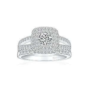 JALOKIVI 0.5CT 925 Sterling Silver Bridal Rings Sets for Women Cushion Cut Halo Cubic Zirconia Engagement Ring Wedding Band Size 8