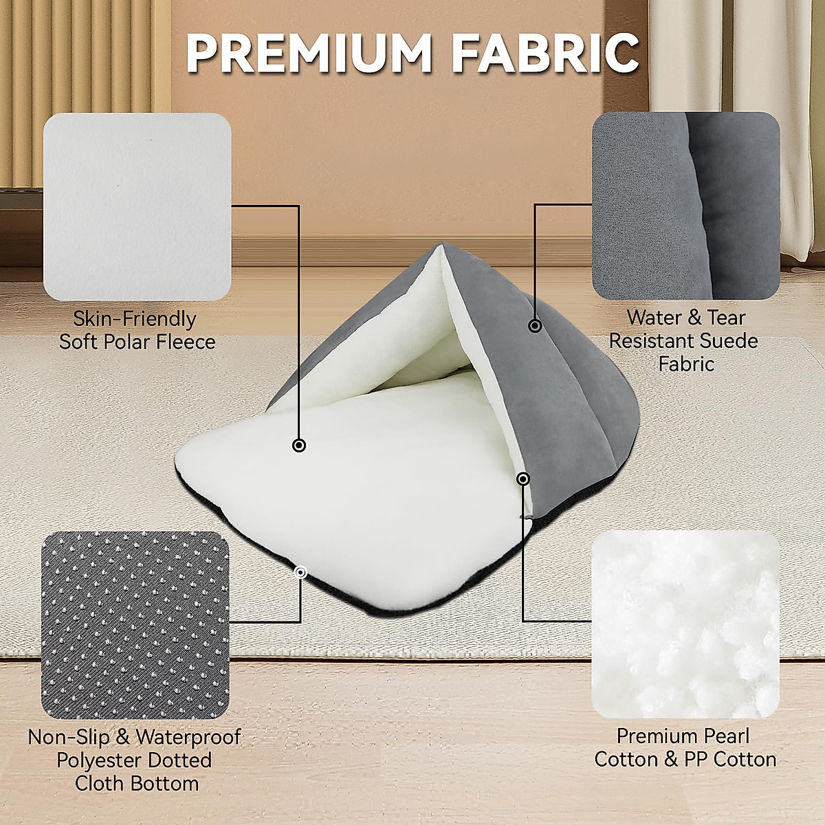 YUNNARL Pet House, Cat & Dog Cave Bed - Ultra Soft Polar Fleece, Waterproof, Washable - 25x20 Inches, Gray