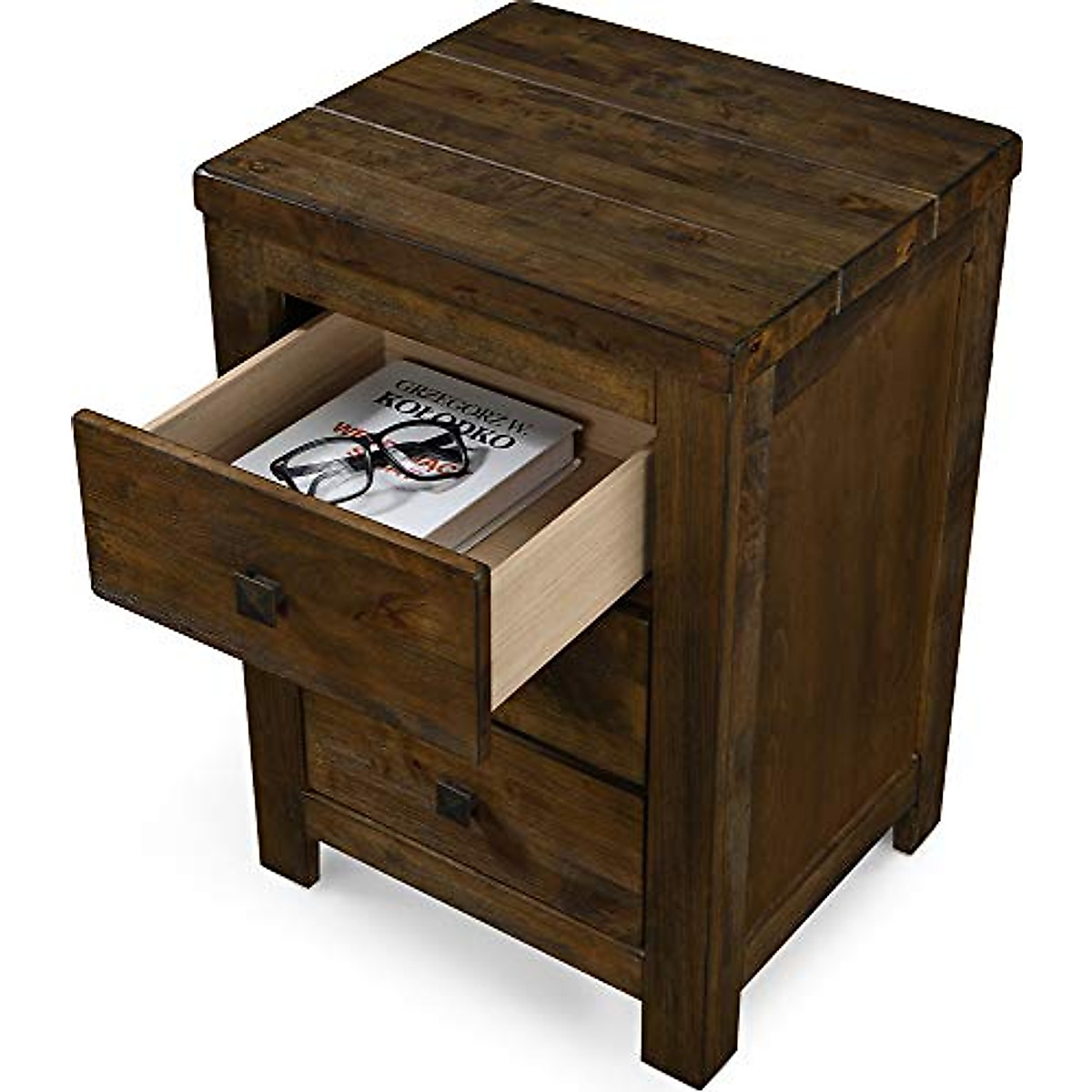 Finch Stratford Farmhouse Wooden Nightstand with 2 Drawers, Bedside End Table, Space Saving Design, Rustic Brown